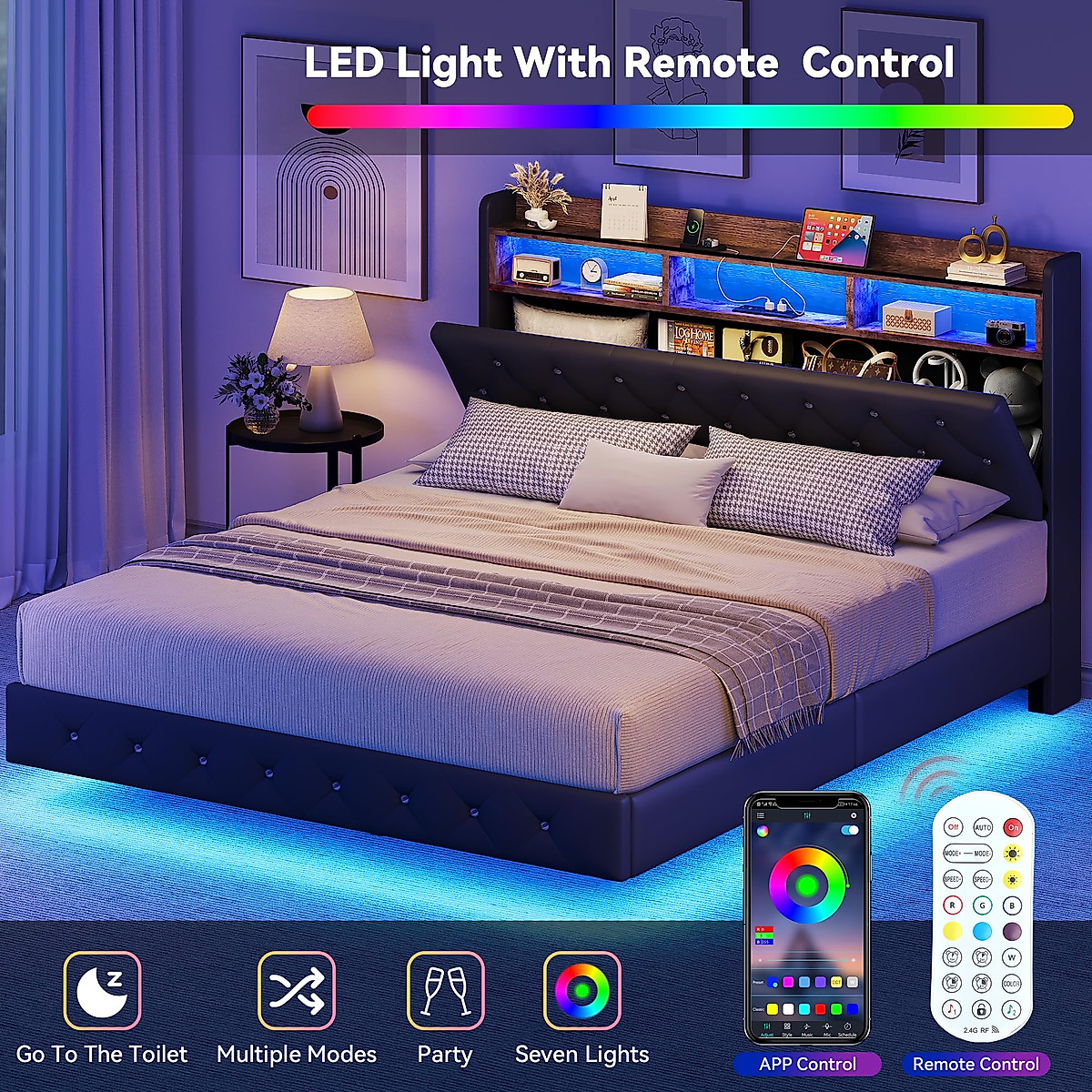 YITAHOME Floating Bed Frame Queen, Upholstered Platform Bed with RGB LED Lights, Faux Leather Crystal Button Tufted Storage Headboard and USB-C/A Charging Station, No Box Spring Needed, Black