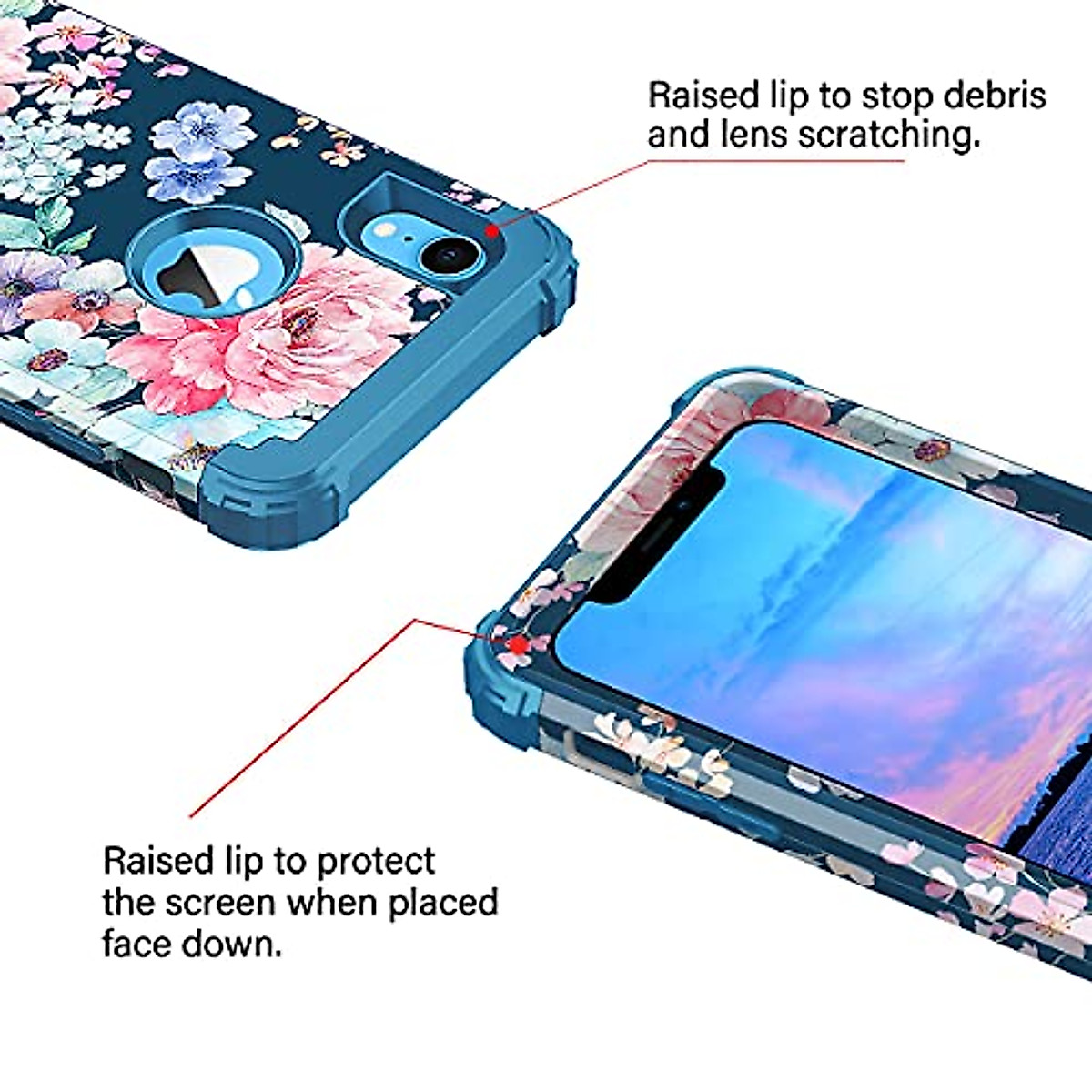 Rancase for iPhone XR Case,Three Layer Heavy Duty Shockproof Protection Hard Plastic Bumper +Soft Silicone Rubber Protective Case for Apple iPhone XR 6.1 inch,Flower