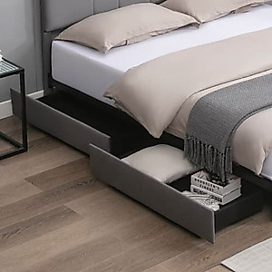 ZAFLY Platform King Size Bed Frame with Adjustable Headboard,Upholstered Cal King Bed Frame with 4 Storage Drawers,Wooden Slats Support,No Box Spring Needed (Dark Grey)