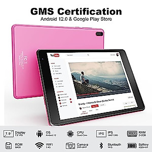 Android 12 Tablet 7.5 inch, Tablets Computer 64GB Storage 512GB Expandable, Quad-Core Processor, PS FHD 1440x1080 Resolution Display, Google GMS Certified Smart Tablet/WiFi/Bluetooth 5.0