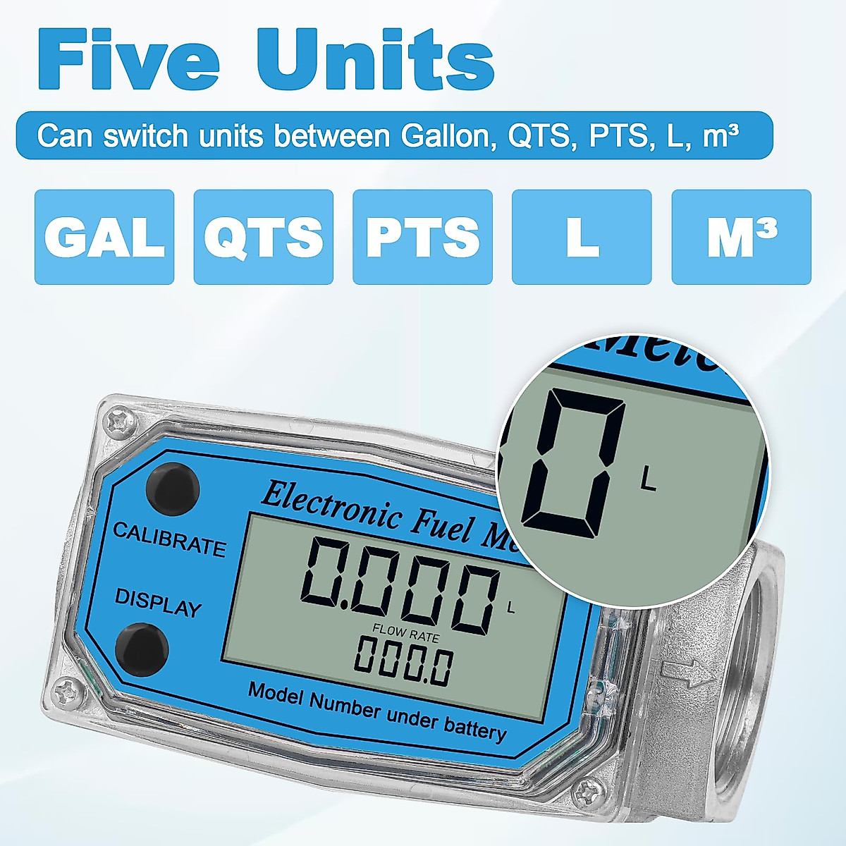 UwinVwin 1" 2.6-26 GPM Inline NPT Thread Flowmeter, Digital Turbine Fuel Flow Meter, for Water, Diesel, Gas Oil, Gasoline, and Other Liquids - Supports Gallon, QTS, PTS, L, m³ with 3/4 in Adapters