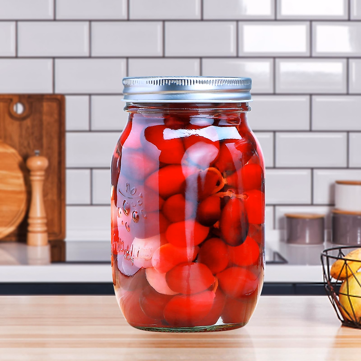 Flrolove Mason Jars,32 OZ Canning Jars with Lids,Glass Jars with Airtight Lid,Mouth Mason Jars 6 Pack for Food Storage,Overnight Oats,Dry Food,Snacks,Candies,Jam,Honey,Jelly