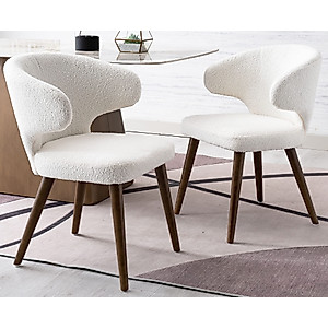 VESCASA Sherpa Modern Dining Chairs with Wood Legs, Upholstered Curved Back Side Chairs for Dining Room/Living Room, Set of 2, White