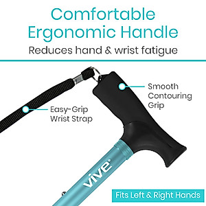 Vive Folding Cane - Foldable Walking Cane for Men, Women - Fold-up, Collapsible, Lightweight, Adjustable, Portable Hand Walking Stick - Balancing Mobility Aid - Sleek, Comfortable T Handles (Teal)