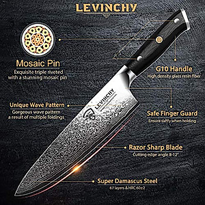 LEVINCHY 8 inch Damascus Chef Knife with Black Premium G10 Handle, Professional Damascus Stainless Steel Knife, Ergonomic, Superb Edge Retention, Stain & Corrosion Resistant