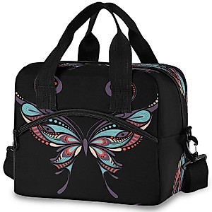 Oarencol Vintage Butterfly Art Insulated Lunch Tote Bag Reusable Cooler Lunch Box with Shoulder Strap for Work Picnic School Beach
