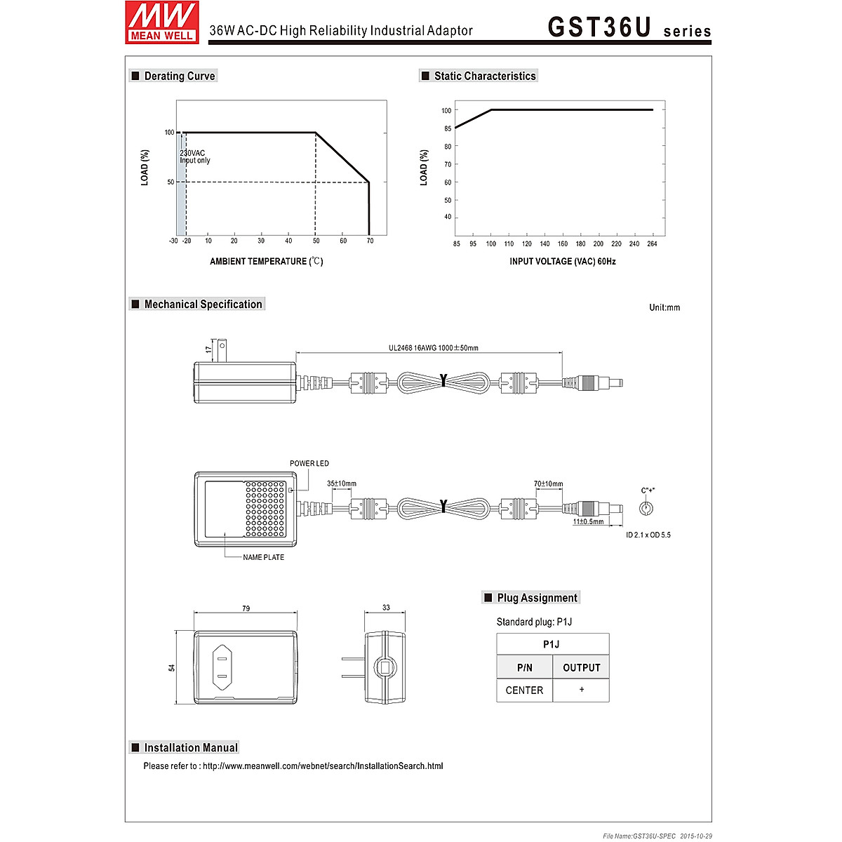 MEAN WELL MW GST36U12-P1J 12V 3A AC/DC High Reliability Industrial Adaptor