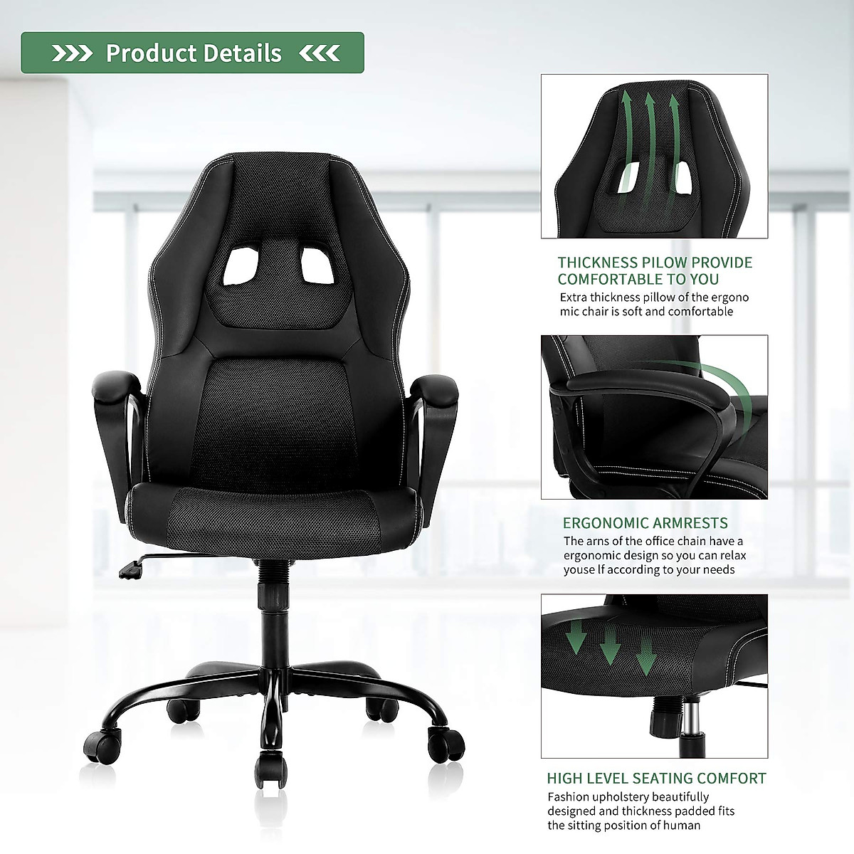 PC Gaming Chair Computer Desk Chair Ergonomic Office Chair Racing Game Chair for Women Men, High Back Chair PU Leather Chair Height Adjustable Task Chair w/Metal Base Headrest Armrest (Black)