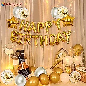 iPartycool 36pcs Birthday Decorations, Birthday Banner, 3D Foil Happy Birthday Balloons Big Star Confetti Metallic Balloons for Kids Girls Boys Men Women Adults Ecofriendly Party Supplies (White Gold)