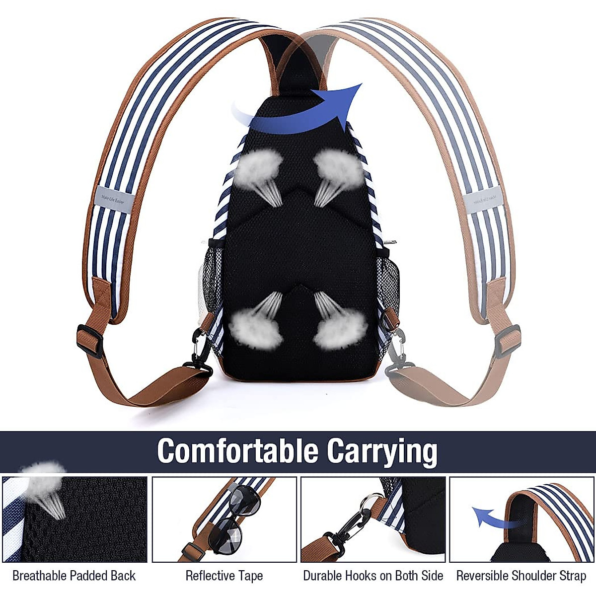 Lekebobor Sling Bag Crossbody Sling Backpack Travel Hiking Chest Bag Daypack,Blue Striped Large.