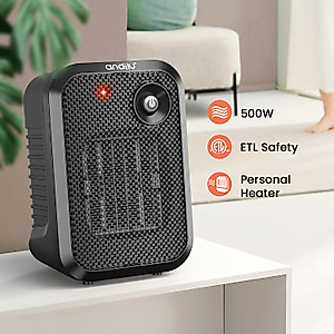andily 500W Space Electric Small Heater for Home&Office Indoor Use on Desk with Safety Power Switch PTC BLACK