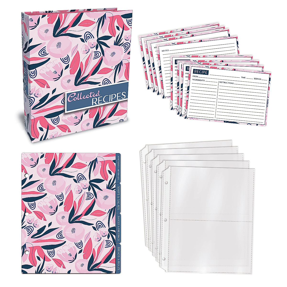 Better Kitchen Products Recipe Binder, 8.5" x 9.5" 3 Ring Binder Organizer Set (with 50 Page Protectors, 100 4" x 6" Recipe Cards & 12 Category Divider Tabs) Floral Design
