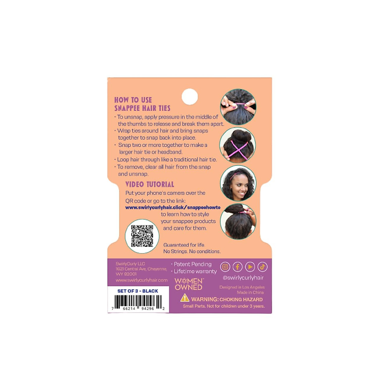 Snap Hair Ties for Thick, Natural, Curly Hair | No Slip, No Tension Pro Hair Tie | Strong Ponytail Holder (3 Pack, Black)