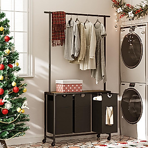 YATINEY Laundry Sorter, Laundry Hamper with Hanging Rack, Laundry Sorter 3 Section, Laundry Basket with Wheels, Hampers for Laundry, Laundry Basket Organizer for Laundry Room, Rustic Brown LS37BR