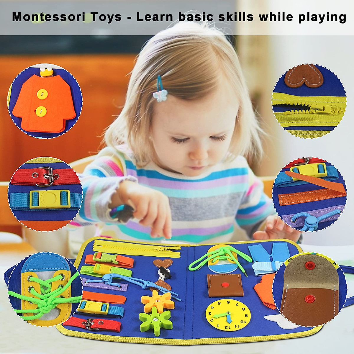 Busy Board Montessori Toys for 2 3 4 Year Old Sensory Toys for Toddlers 2-4 Boys & Girls Learning Toys Preschool Activity Board Toddler Travel Toys for Plane and Car Learning Basic Dress Skills