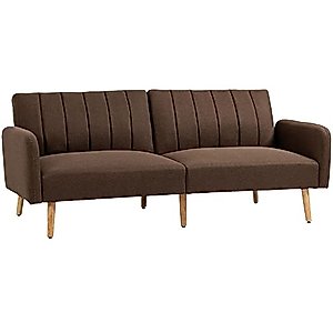 HOMCOM Two Seater Sofa Bed, Convertible Futon Couch Bed, Linen Upholstered Loveseat with Adjustable Backrest for Small Spaces, Living Room, Apartment, and Dorm, Brown