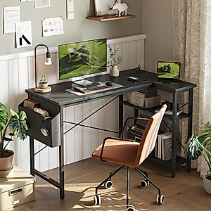 TIQLAB Small Computer Desk with Power Outlets, 40 Inch L Shaped Desk with Reversible Shelves, Gaming Desk Corner Desk Study Writing Table for Home Office Bedroom Living Room, Black