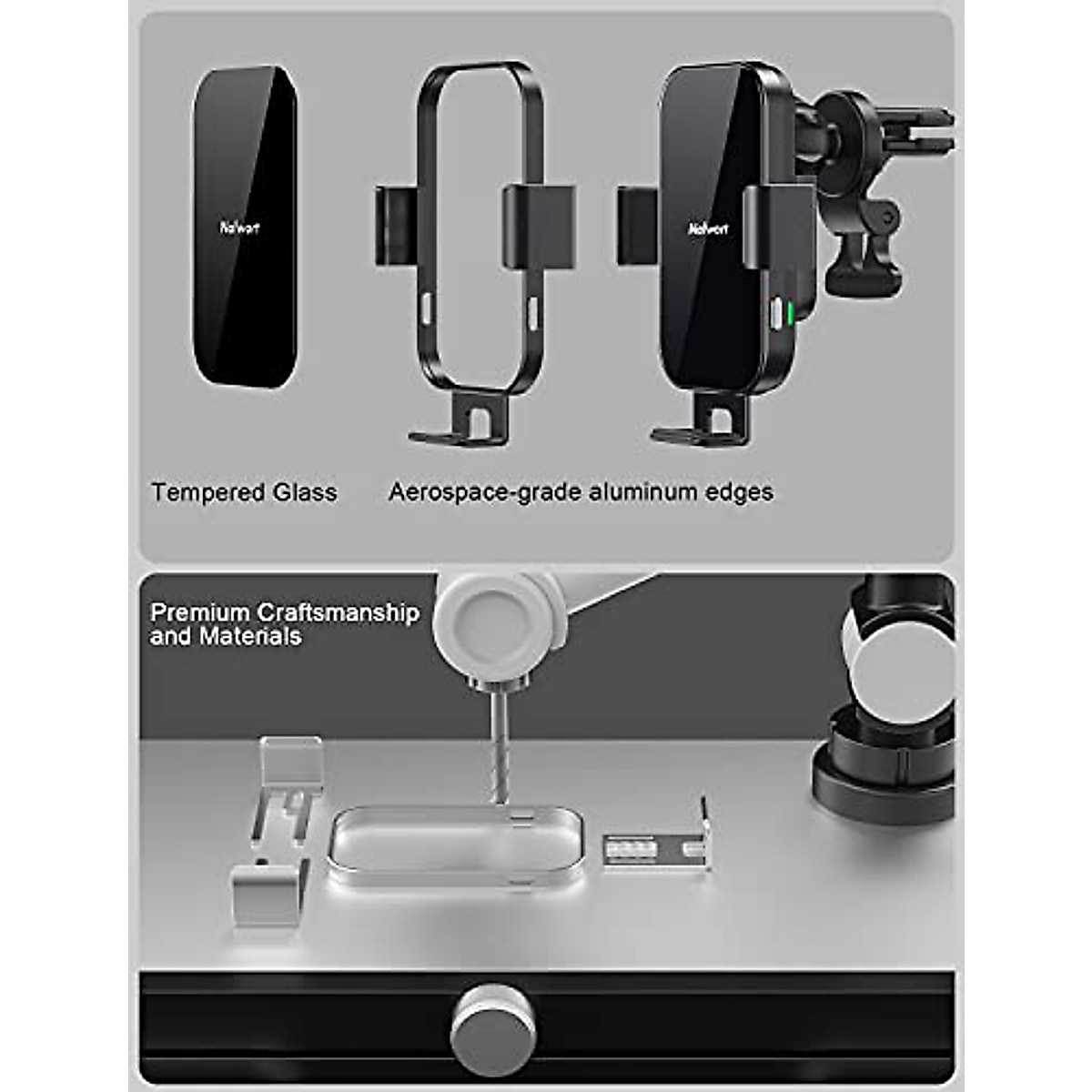 Nalwort Wireless Car Charger 15W Qi Fast Charge with Metal Frame Dashboard and Air Vent Phone Holder Auto Clamping Wireless Car Charger Mount Compatible for iPhone 14/13/12, Samsung S20/S10 and More