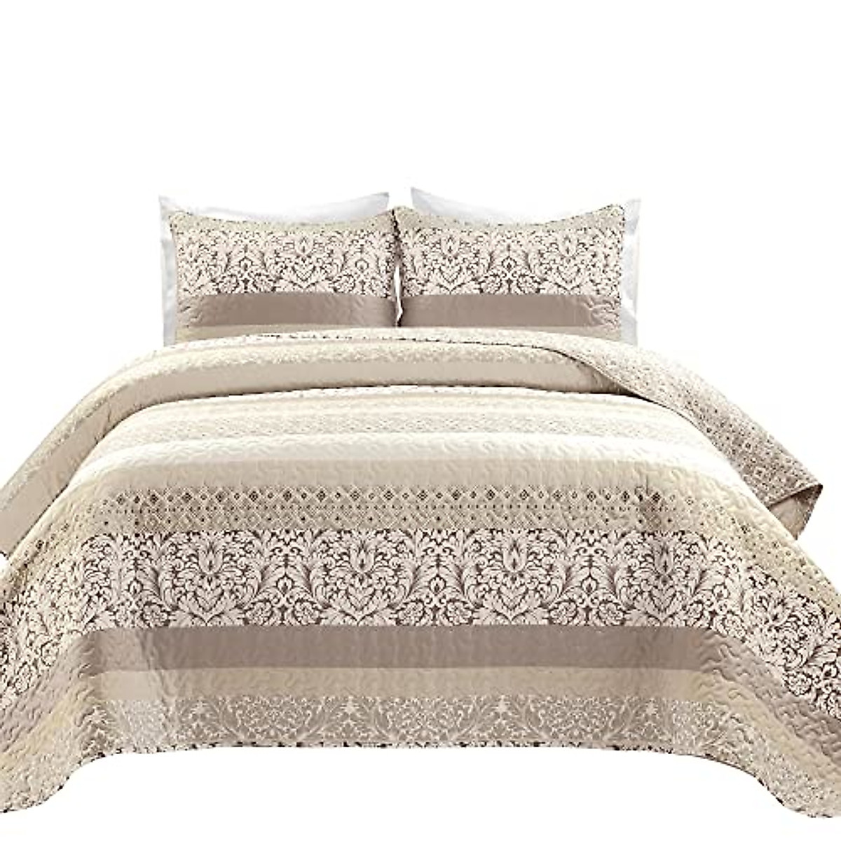 Lush Decor Boho Stripe Reversible Cotton Quilt 3-Piece Set, Full/ Queen, Neutral - Bold Colorful Bohemian Bedding Set