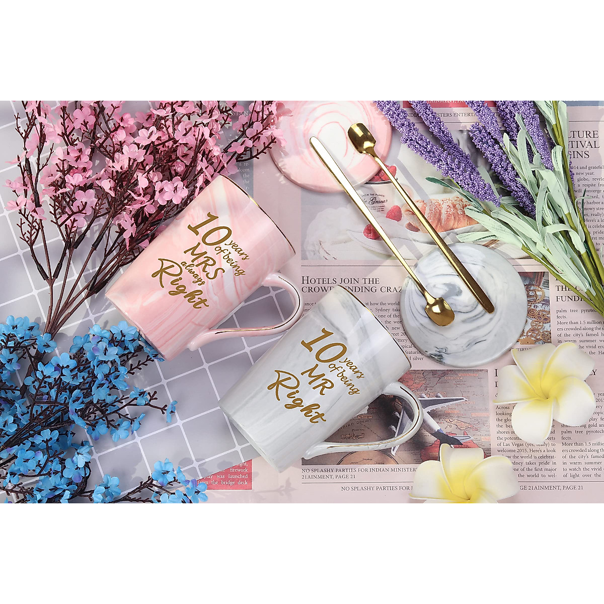 Toshiy 10th Wedding Anniversary Mugs 10 years Anniversary Mugs 10th Wedding Anniversary Mugs for Wife Him Couple Husband Parents 10 Years Mr Right Mrs Always Right Coffee Mugs 14 Ounce Gift Box Set