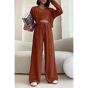 PRETTYGARDEN Womens 2024 Fall Track Suits 3 Piece Outfits Matching Sets Ribbed Knit Cardigan Cropped Tank Tops Wide Leg Pants (Brown,Large)
