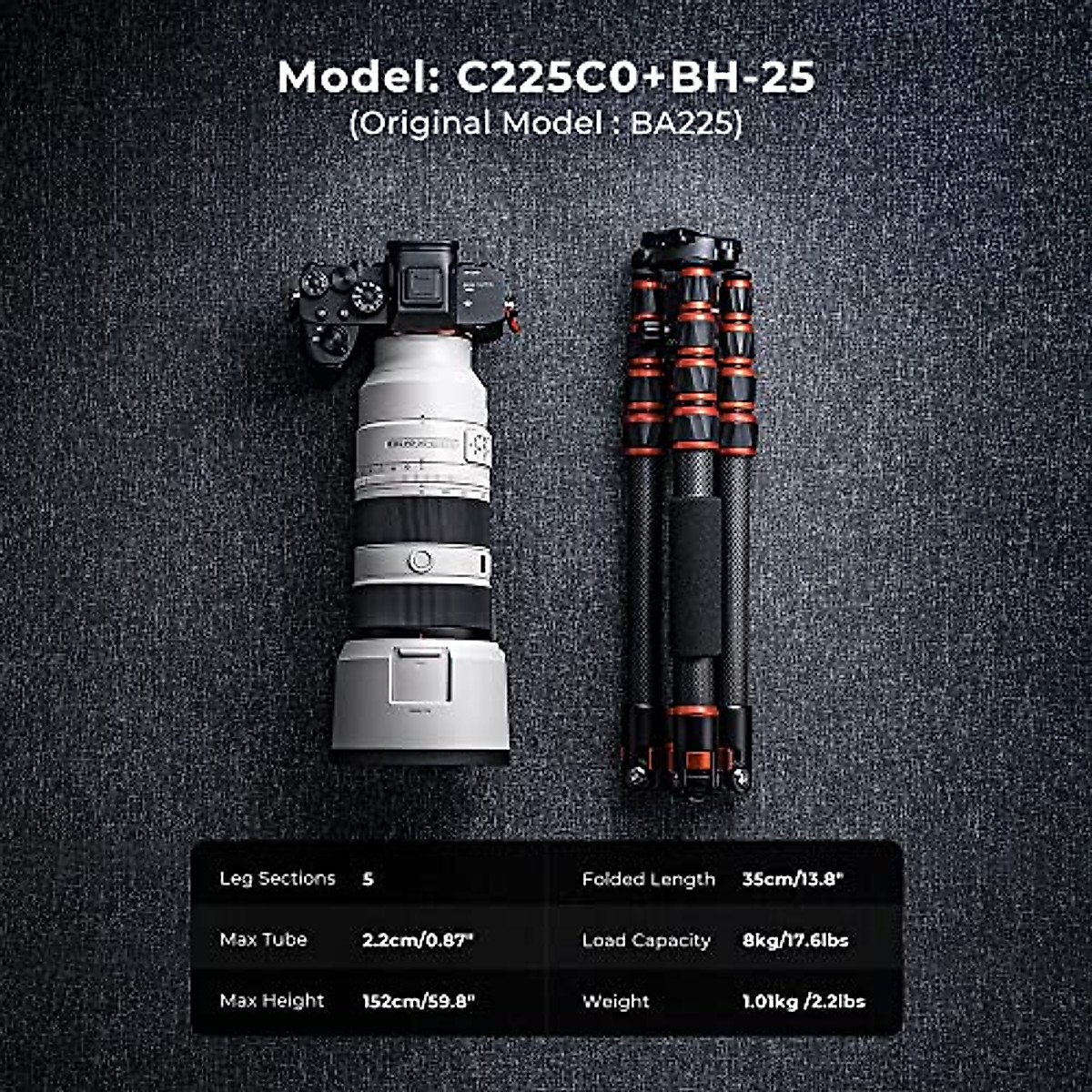 K&F Concept 60 inch Carbon Fiber Camera Tripod,Super Lightweight Compact Travel Tripod with 360 Degree Ball Head,Quick Release Plate,Detachable Monopod 8KG Load Capacity for SLR DSLR C225C0 (BA225)