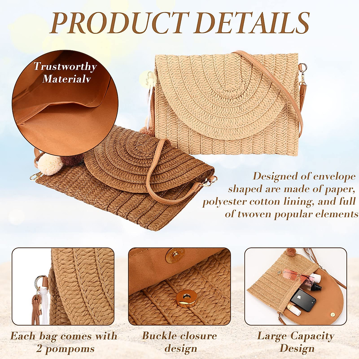 3 Pieces Straw Crossbody Bag for Women Shoulder Bags Purse Beach with Pompom Summer Envelope Wallet, Khaki, Brown, Beige