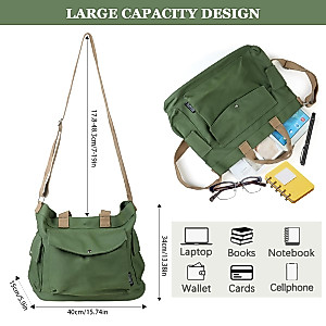 Large Canvas Crossbody Tote Bag Messenger Bag Work Totes Multi Pockets Shoulder Purse Travel Handbag Hobo Bag for Men Women (Green)