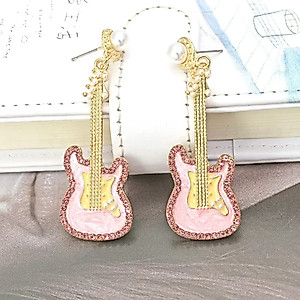 Hand Jeweled Guitar Earrings for Women, Teens, Stainless Steel, No Gemstone