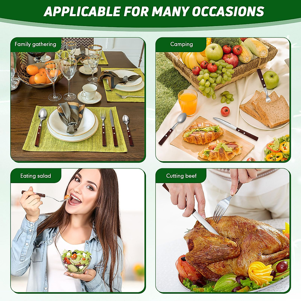 Tanlade 60 Pcs Wooden Handle Silverware Set 18/8 304 Stainless Steel Walnut Handle Flatware Set Reusable Cutlery Set Included Dinner Forks,Salad Forks,Table Knives,Tablespoons,Teaspoons, Serves for 12