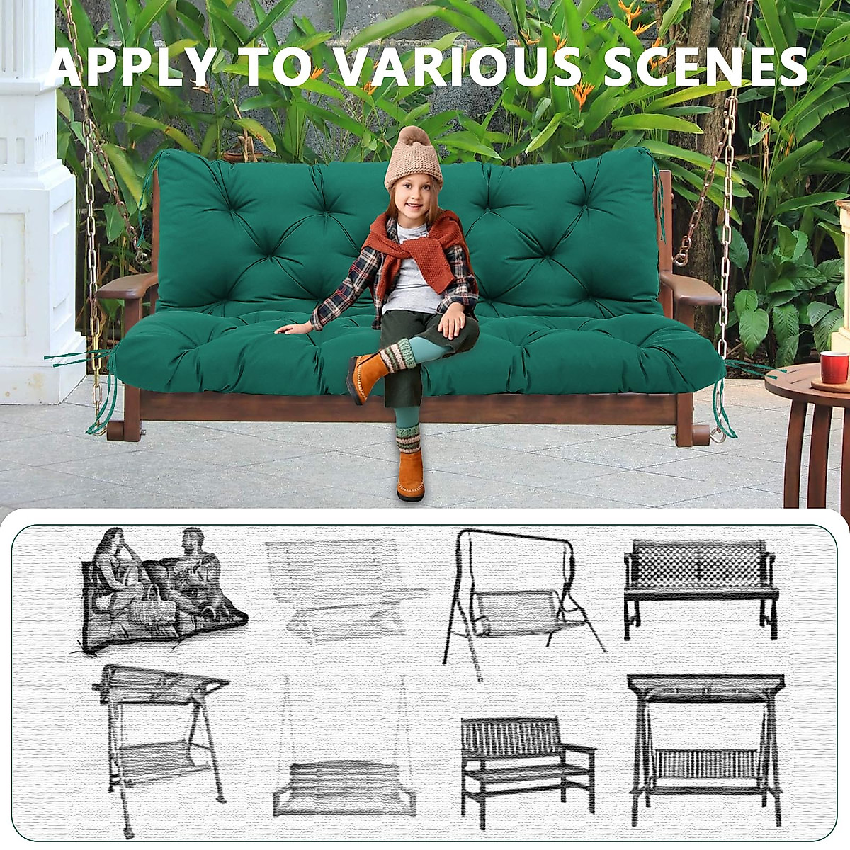 Porch Swing Cushions Waterproof Outdoor Swing Cushions 2-3 Seater Thicken 5" Dark Green Patio Swing Cushion with Backrest 60 ×40" Swing Replacement Cushion for Outdoor Furniture