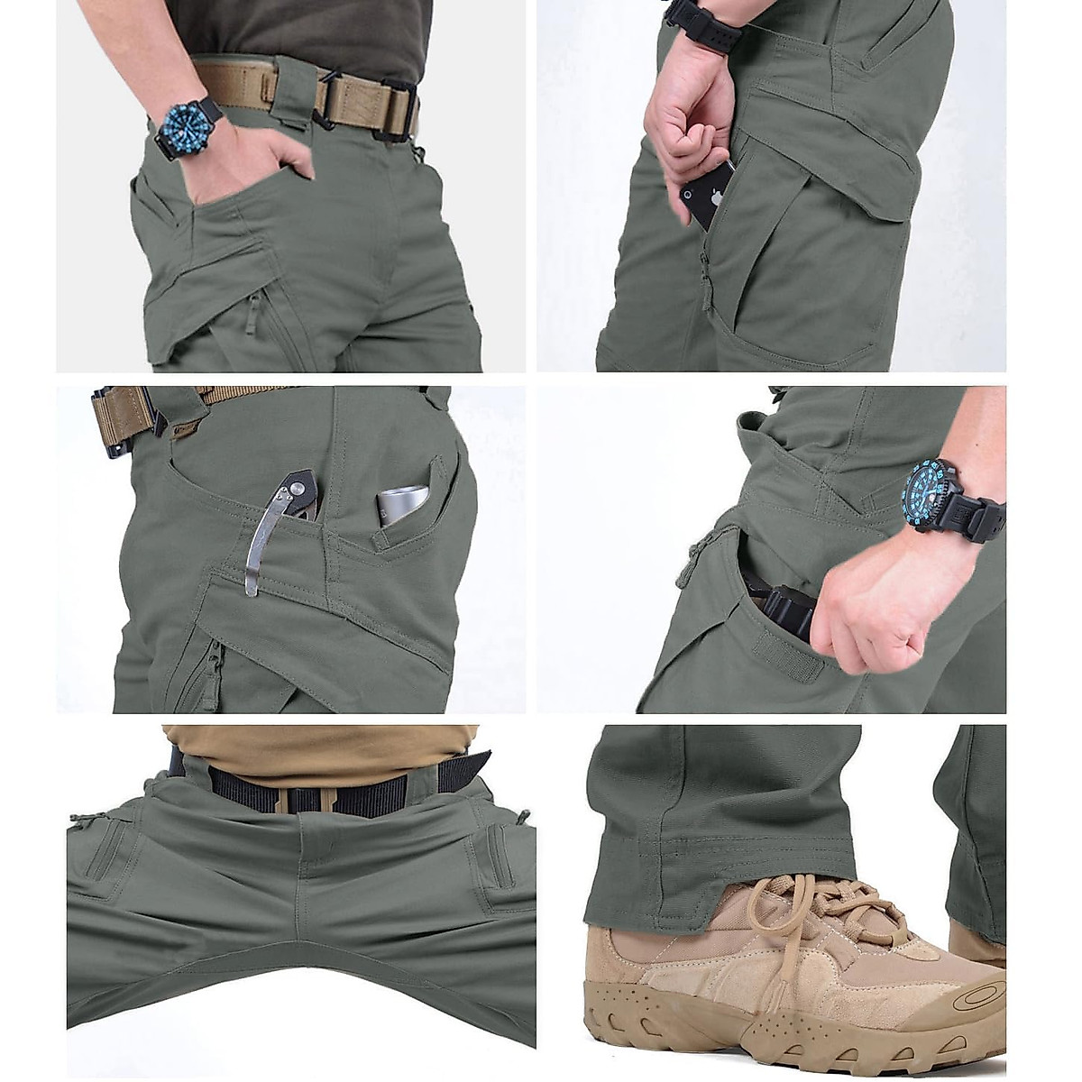 Susclude Men's Tactical Pants Stretch, 9 Pockets Rip Stop Lightweight Cargo Work Military Trousers Outdoor Hiking Pants Gray Green 28Wx28L