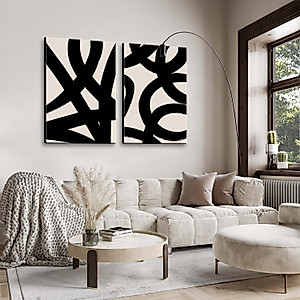 Framed Abstract Wall Art Canvas Set Lines Pictures Modern Mid Century Boho Wall Decor Minimalist Abstract Black Stroke Lines Canvas Painting Artwork Living Room Bedroom Home Office 16"x24"x2