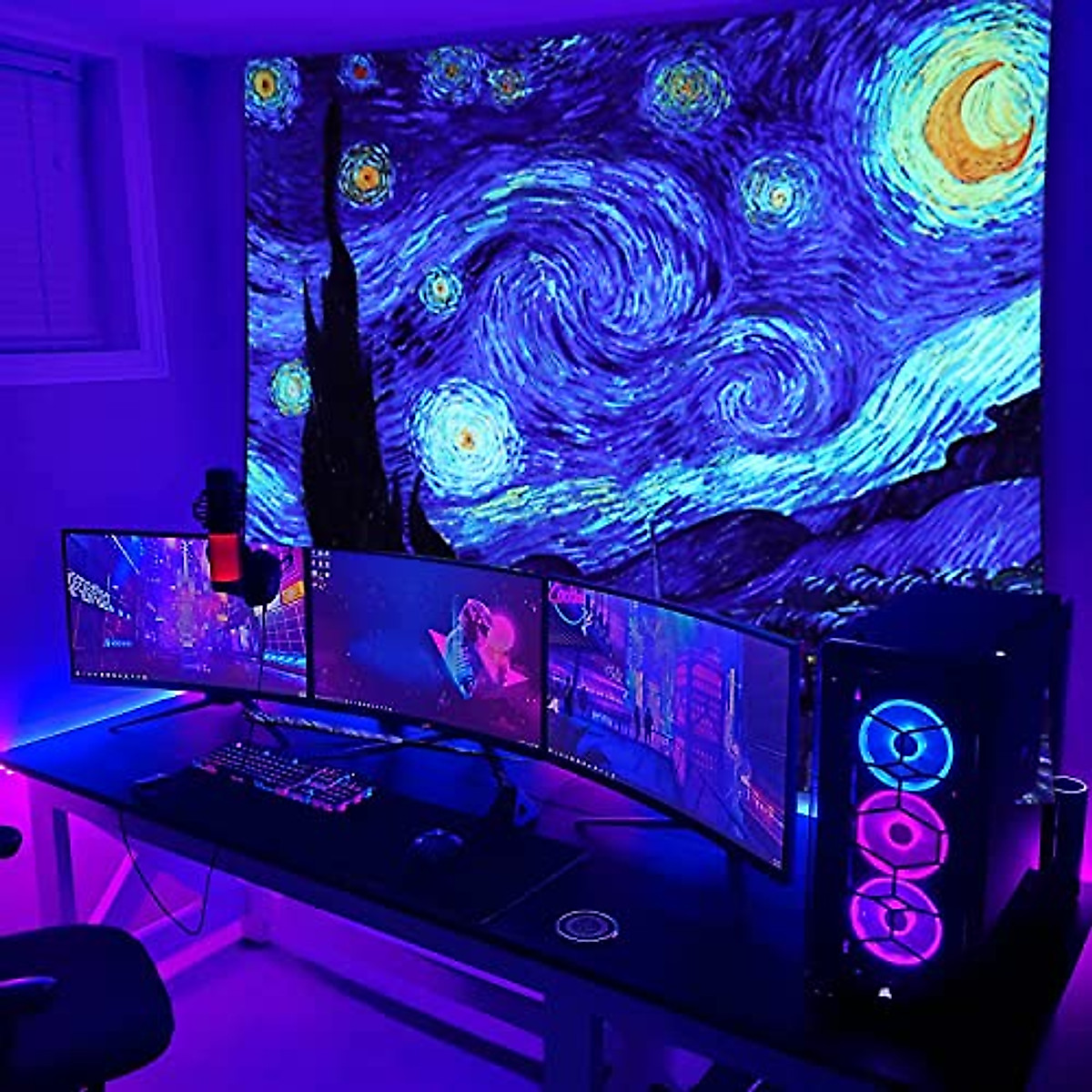 Starry Night Blacklight Tapestry by Van Gogh Wall Art for Bedroom Aesthetic, Abstract Wall Hanging UV Reactive Fabric Poster for Living Room Dorm, 39 x 29 Inches