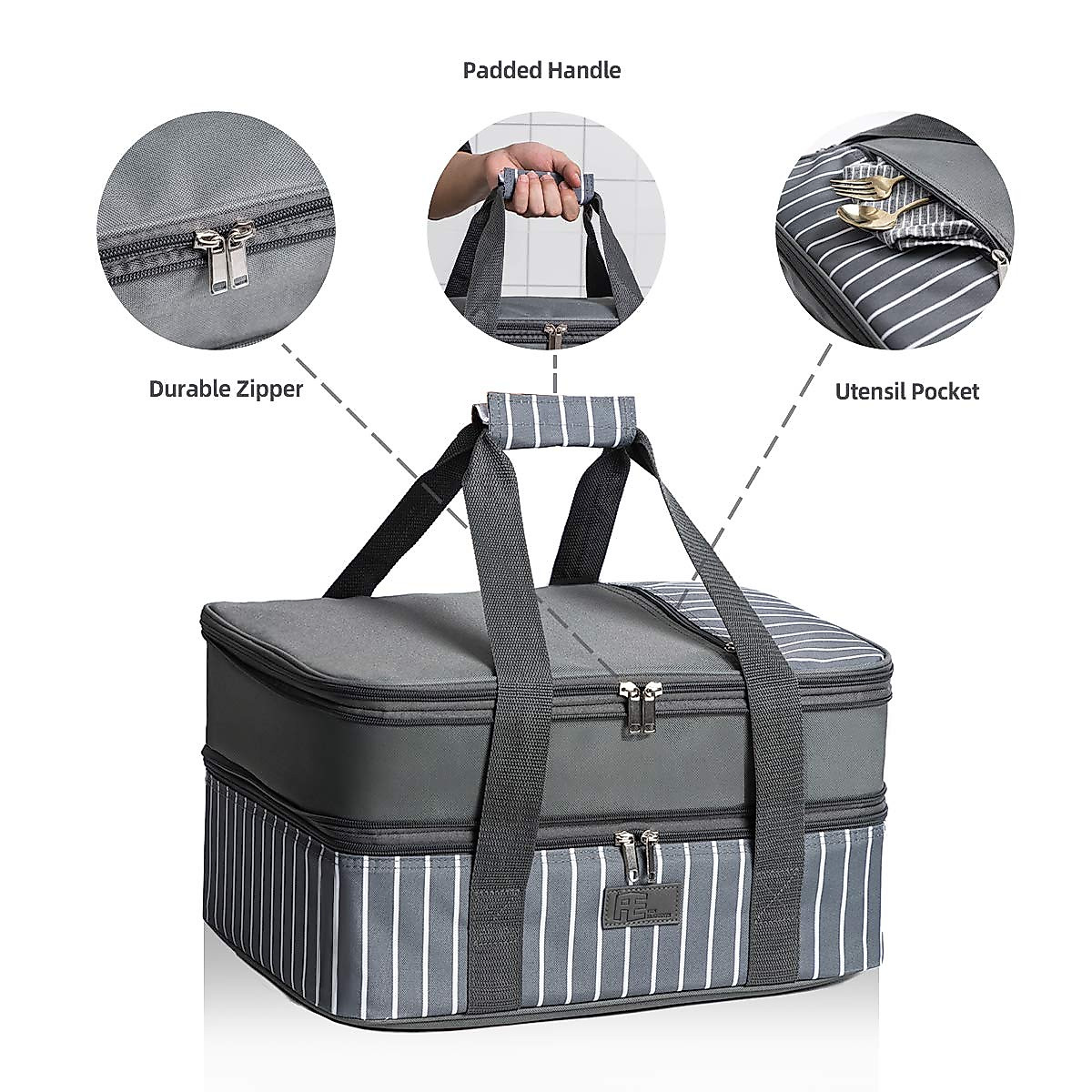 FE Casserole Carrier, Expandable Insulated Casserole Carriers for Hot or Cold Food, Lasagna Lugger for Parties, Fits 9" x 13" Baking Dish, Grey