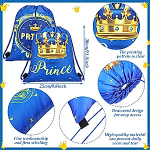 Sweetude 24 Pcs Prince Party Gifts Bags Prince Crown Blue Drawstring Bags Decoration Favor Storage for Boys Kids Birthday Wedding Party Decoration