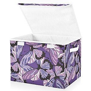 FOLIOSA Storage Boxes Butterflies Purple collapsible Flip-top locker Fabric Storage Bins with Handle for Home Bedroom Closet Office 16.5×12.6×11.8 in