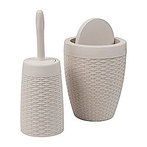 Mind Reader Basket Collection, Round Wastepaper Basket and Toilet Brush Set, Premium Wicker Design, 2 Piece Set, Swivel Lid Bin is 8.75"W x 11.25"H, Brush is 15.25"H, 8.75"L x 8.75"W x 11.25"H, Ivory