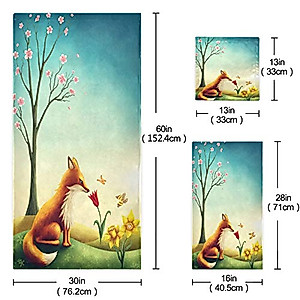 Naanle Spring Little Red Fox with Flowers Butterfly Soft Luxury Decorative Set of 3 Towels, 1 Bath Towel+1 Hand Towel+1 Washcloth, Multipurpose for Bathroom, Hotel, Gym, Spa and Beach