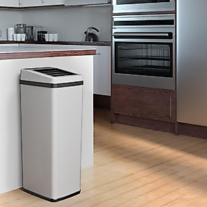 iTouchless 14 Gallon Sliding Lid Automatic Sensor Trash Can with Odor Filter System, 52 Liter White Steel Touchless Kitchen Garbage Bin