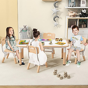 INFANS Kids Table and Chiar Set, Height Adjustable Toddler Desk and 4 Chairs with Graffiti Desktop Non-Slip Legs, Large 47" L x 23.5" W Multi-Activity Art Table for Daycare Classroom Home (Natural)