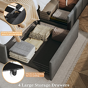 LIMGLIM Full Size Bed Frame with Storage, LED Full Bed Frame and Wingback Headboard, Upholstered Platform Bed Frame with Drawers, No Box Spring Needed, No-Noise, Easy Assembly, Grey