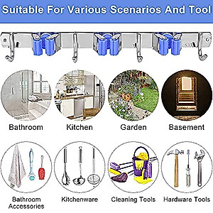 Broom and Mop Holder Wall Mounted, 3 Position 4 Hooks Garage Organization Holds up to 7 Tools, Stainless Steel Heavy Duty Broom Holder Organizer for Cleaning Supplies Organizer, Laundry Room Storage