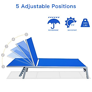 Domi 3 Pieces Adjustable Chaise Lounge Set Outdoor Patio Lounge Chair All Weather Five-Position Recliner Chair Set w/Coffee Table for Patio, Pool, Yard (Blue)