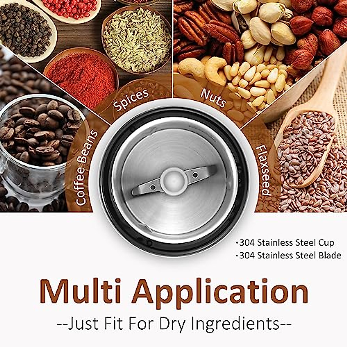 Telcuisine Coffee Bean Grinder, 200ml Small Coffee Grinder Electric Espresso Grinder with 304 Stainless Steel Blades for Beans, Nuts, Herbs, Grain and Salt, Spice Grinder with Cleaning Brush, 200W