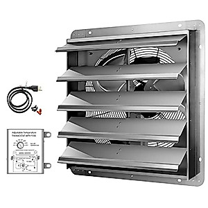 20 Inch Shutter Exhaust Fan Aluminum High Speed 1190RPM, 3368 CFM, Silver, with Adjustable Programmable Thermostat