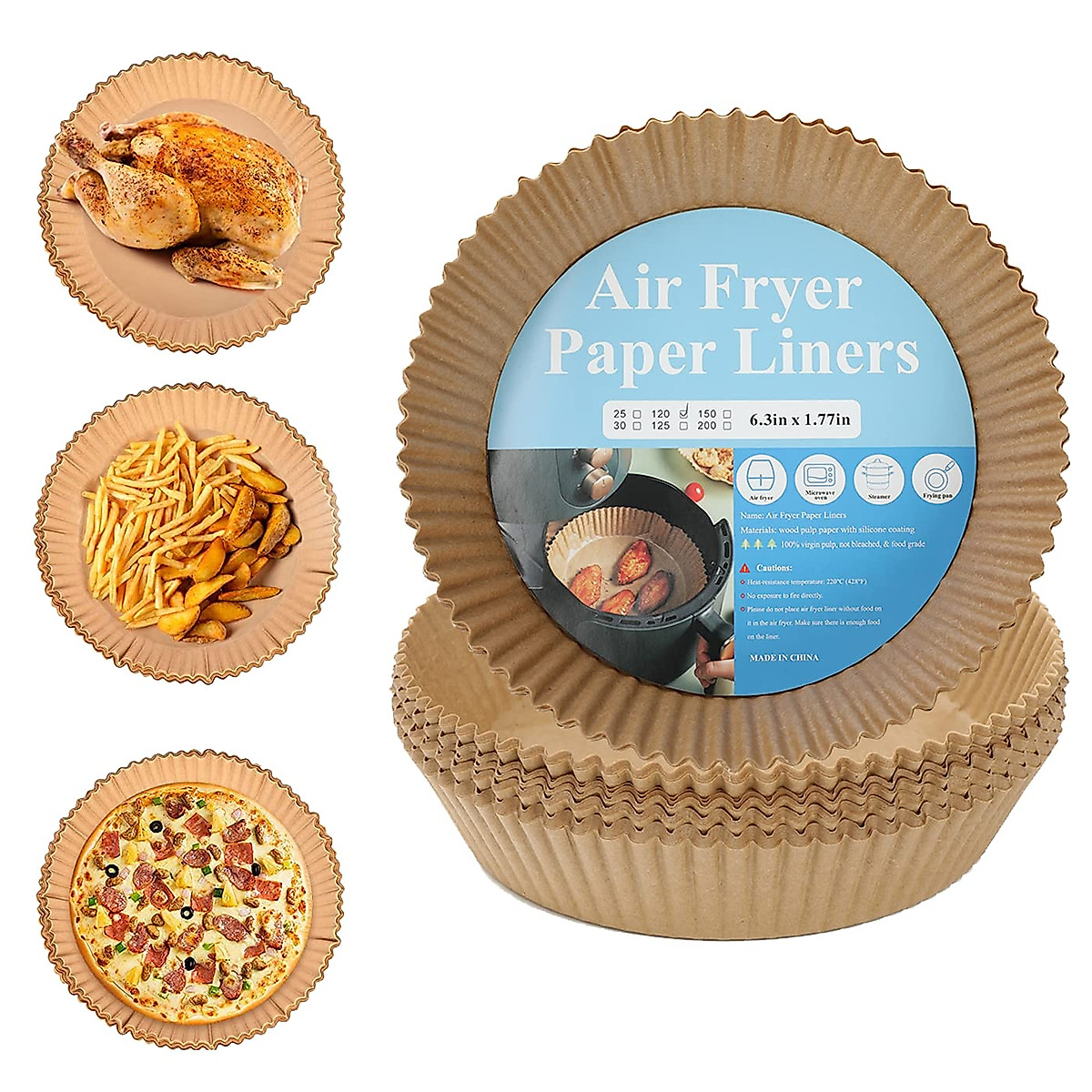 120PCS Air Fryer Disposable Paper Liner,Round Baking Paper for Air Fryer Oil-proof, Water-proof, Food Grade Parchment for Baking Roasting Microwave (Wood Pulp Color, 6.3 inch)