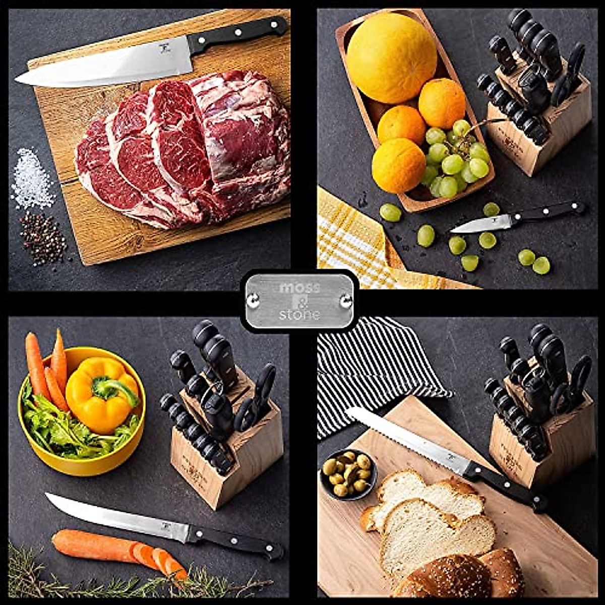Moss & Stone Stainless Steel Serrated Knife Set | Premium Kitchen knives Set With High-Carbon Stainless Steel Blades And Wooden Block Set | Cutlery Knife Set, Kitchen Set. (14 Piece)