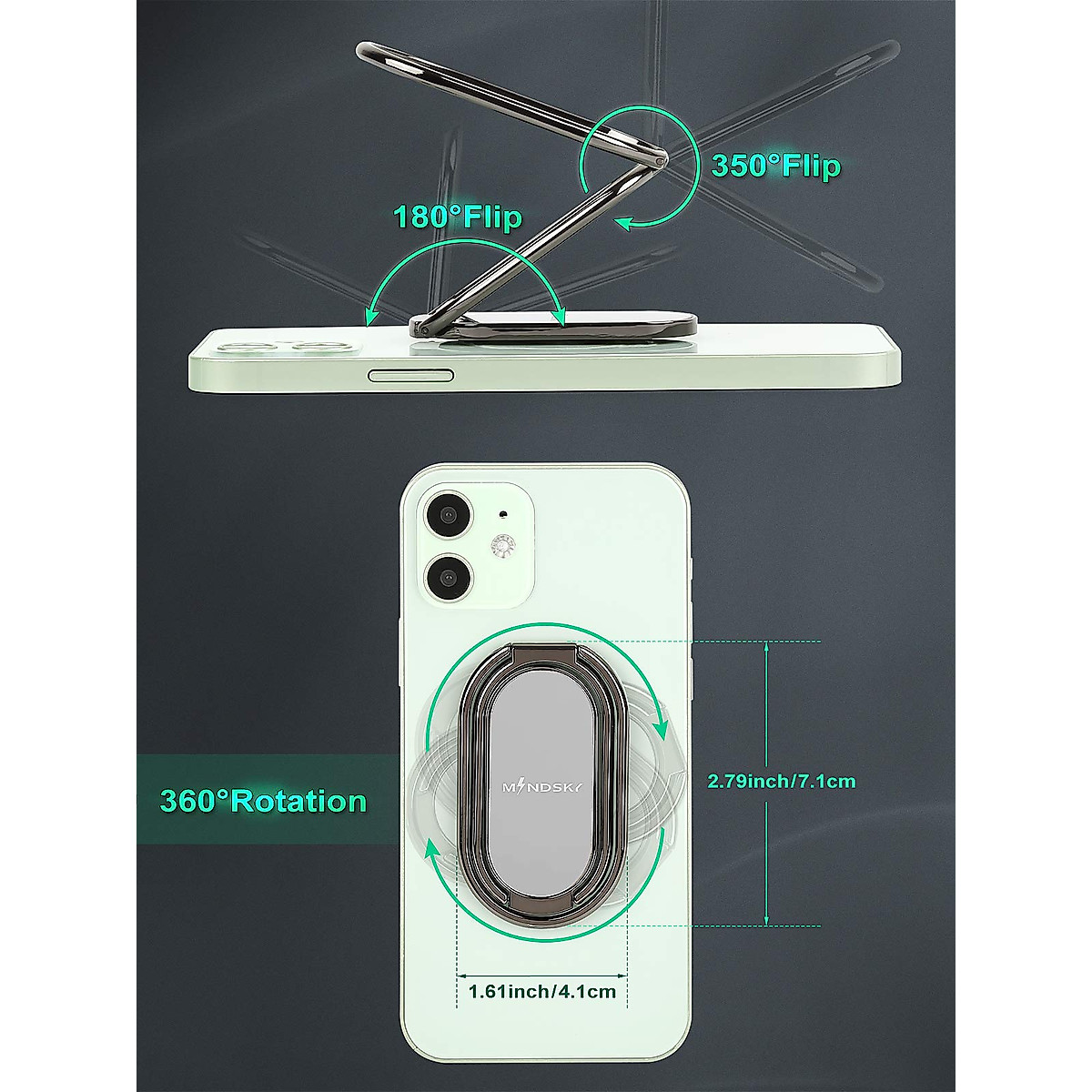 Phone Ring Holder Finger Kickstand 360°Rotation Cellphone Back Grip Foldable Cell Phone Stand for Desk Compatible with iPhone iPad Smartphones Tablets (with Universal Magnetic Car Mount)