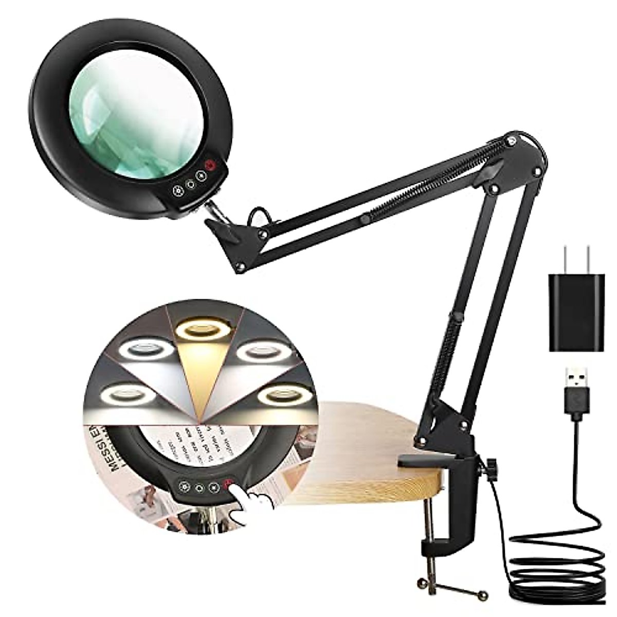 Veemagni 8X Magnifying Glass with Light, 5 Color Modes Stepless Dimmable, Adjustable Swing Arm LED Lighted Desk Lamp with Clamp, Hands Free Magnifier with Light and Stand for Craft Hobby Close Works